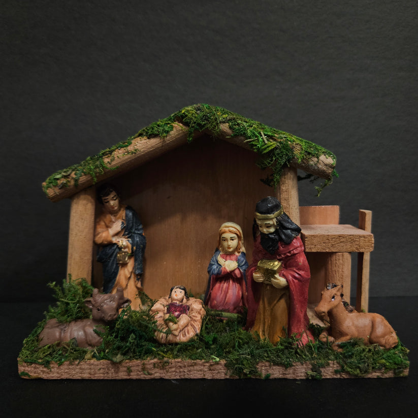 Wooden Hut with Polymarble Made Mary Joseph Baby Jesus Lamb Nativity S ...